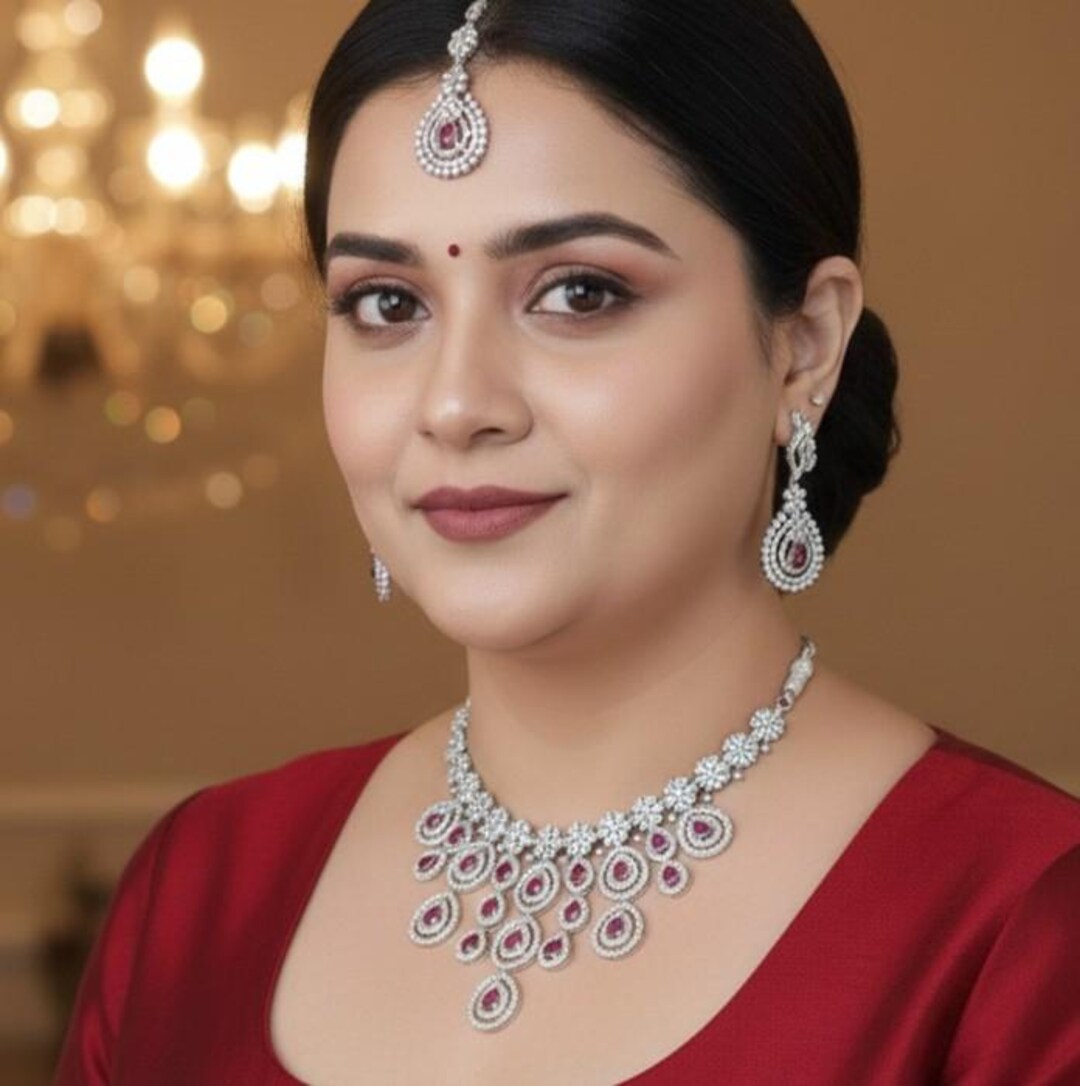 Ruby Red Teardrop Bridal Jewelry Set | American Diamond Wedding ...