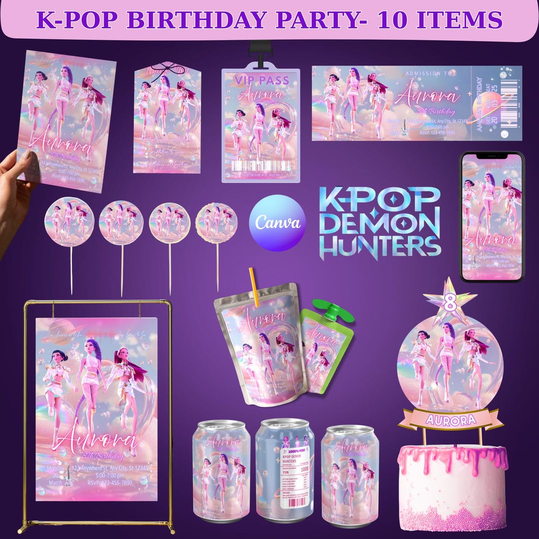 K-pop Demon Hunter Birthday Party Bundle | Huntrix Invitation, Banner ...