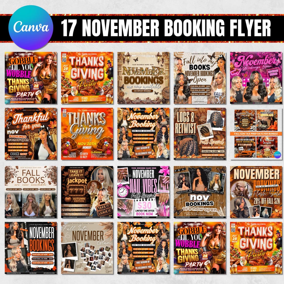 November Booking Flyer Bundle, Thanksgiving Flyers, Fall Season Booking ...