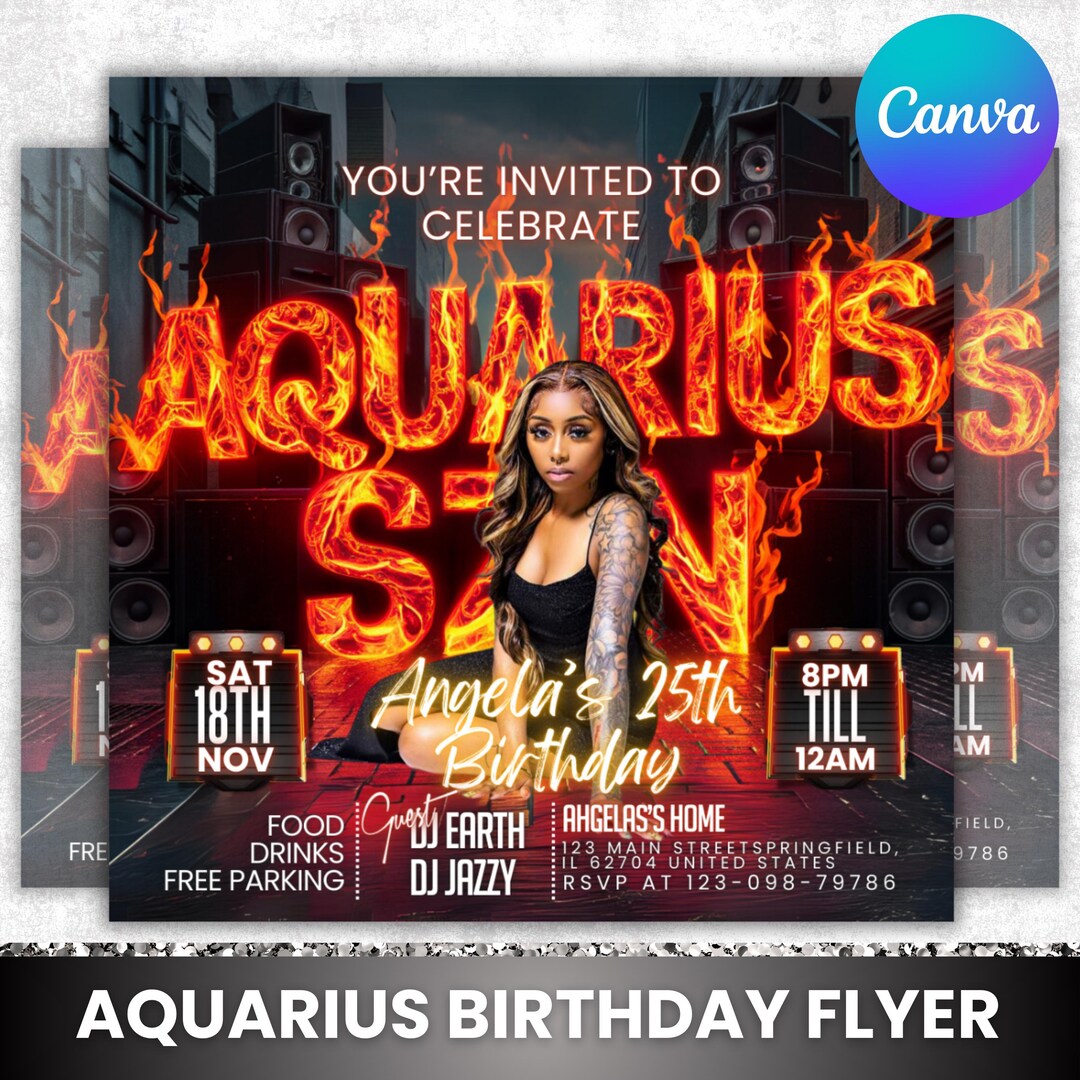 Aquarius Birthday Flyer, Birthday Party Flyer, Aquarius Season,birthday ...