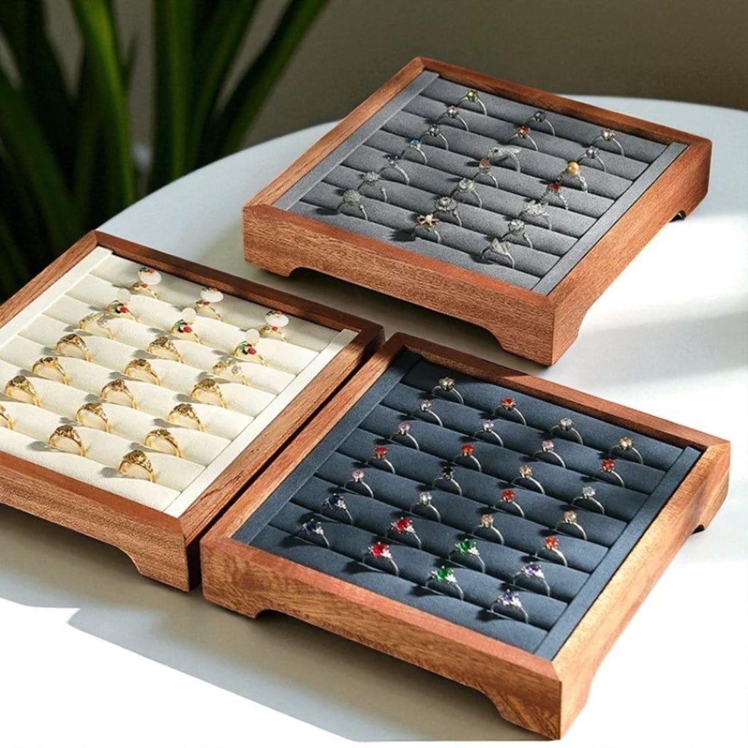Wooden Ring Display Tray: Velvet Jewelry Organizer for Boutique ...