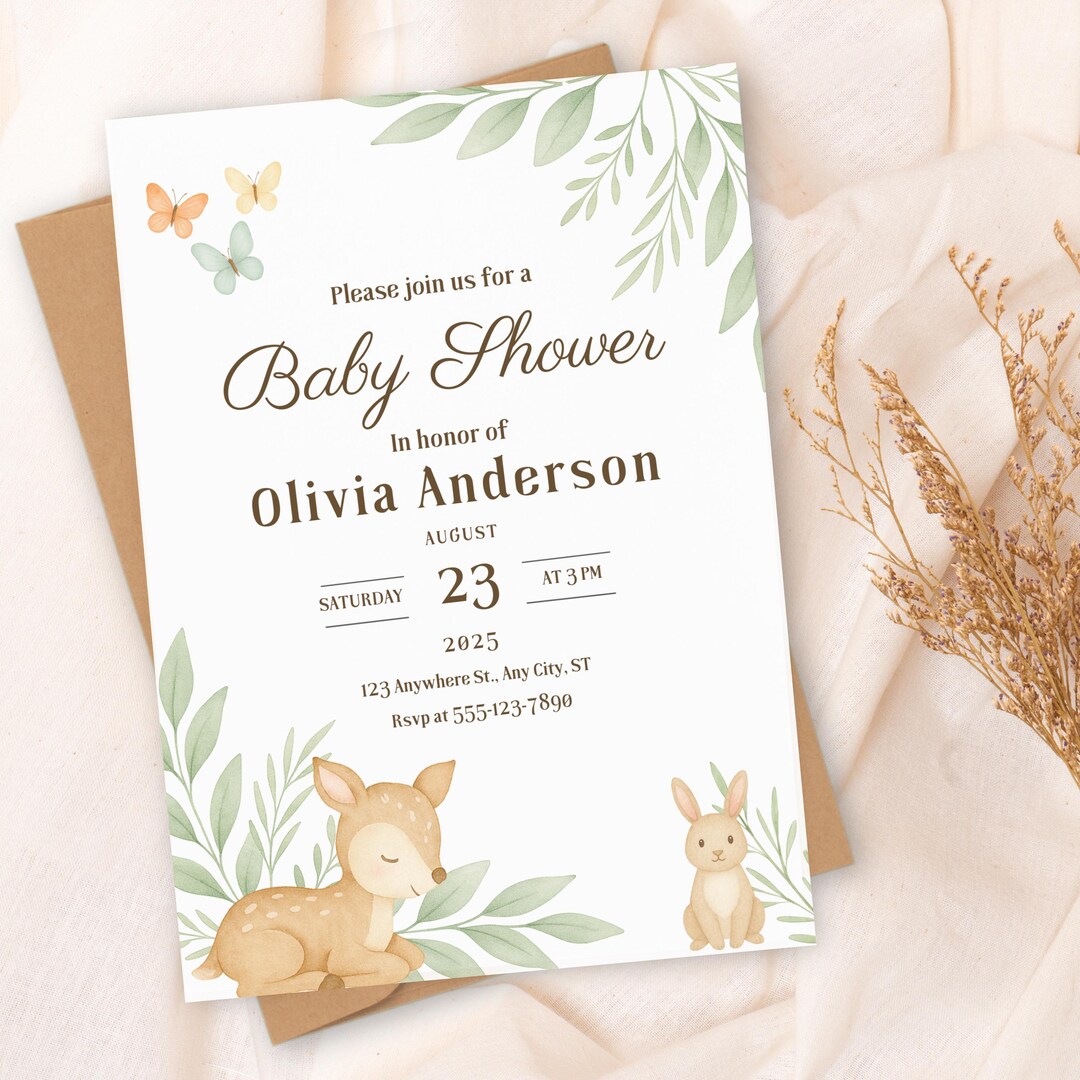 Woodland Theme Baby Shower Invitation, Digital Download, Baby Animals ...