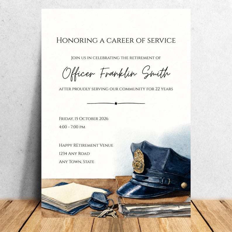 Police Officer Retirement Invitation | Watercolor Style Editable ...