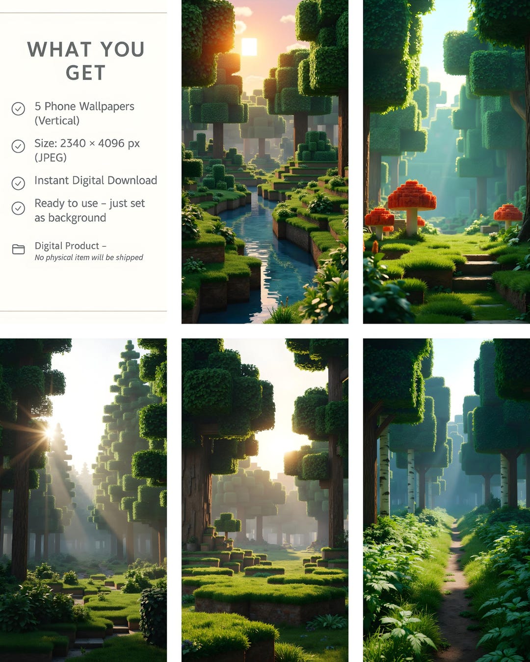 Cinematic Pixel Biome Phone Wallpapers – 5 Voxel Forest Backgrounds + 2 ...