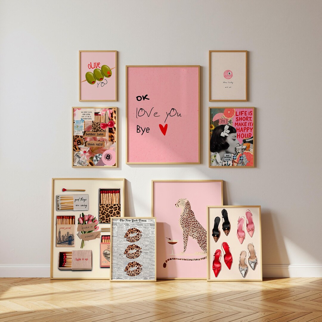 Retro Pink Leopard Wall Art Set of 10 Trendy Posters, Martini Print ...