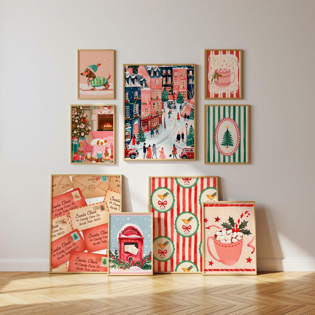 Whimsical Colorful Christmas Set of 9 Trendy Holiday Prints, Vintage ...