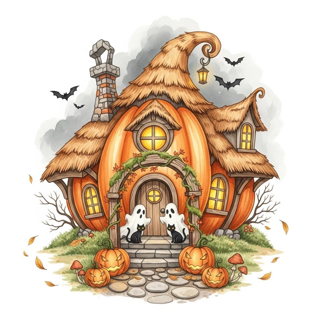 Watercolor Pumpkin House Clipart: Halloween Junk Journal, Scrapbooking ...