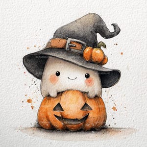 Watercolor Ghost & Pumpkin Clipart: Fall Decor PNG (digital Download ...