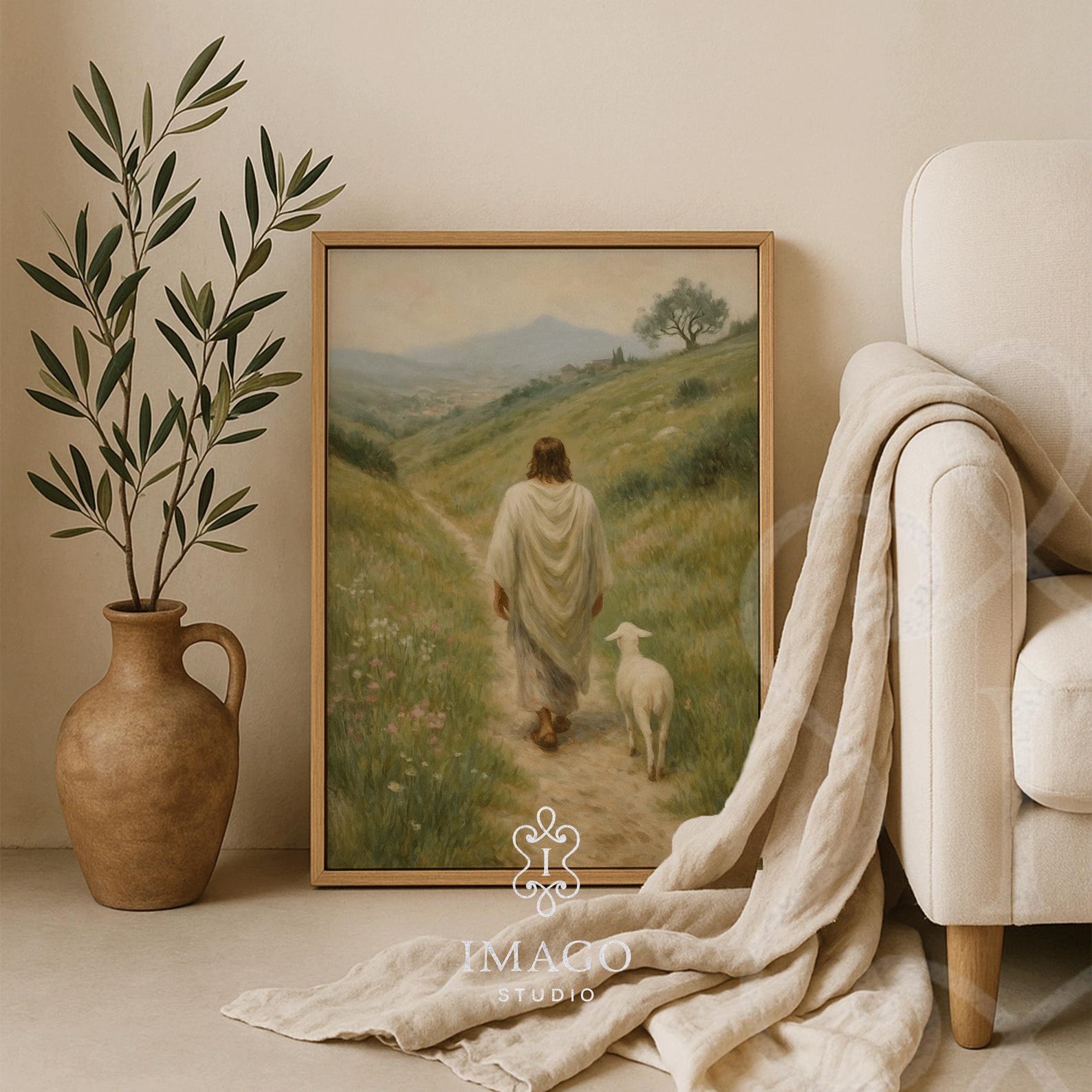 Jesus Walking With Lamb Printable Wall Art Digital Christian Path Scene ...