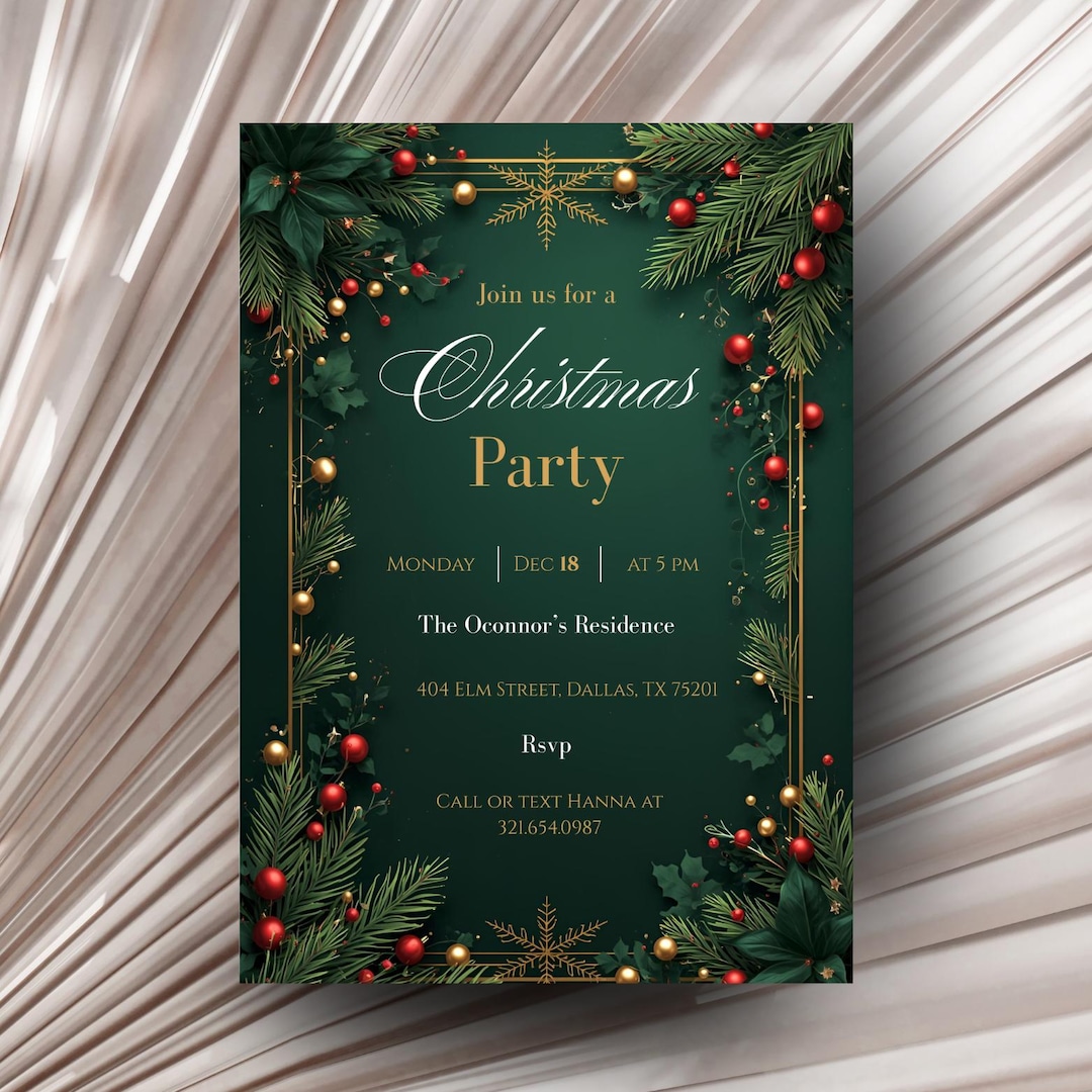 Elegant Green Christmas Party Invitation - Editable Canva Template ...