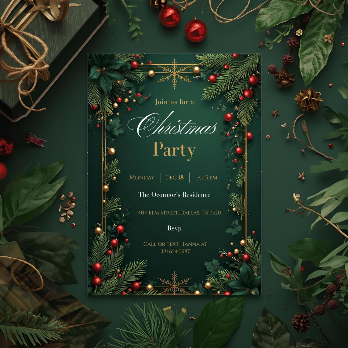 Elegant Green Christmas Party Invitation - Editable Canva Template ...