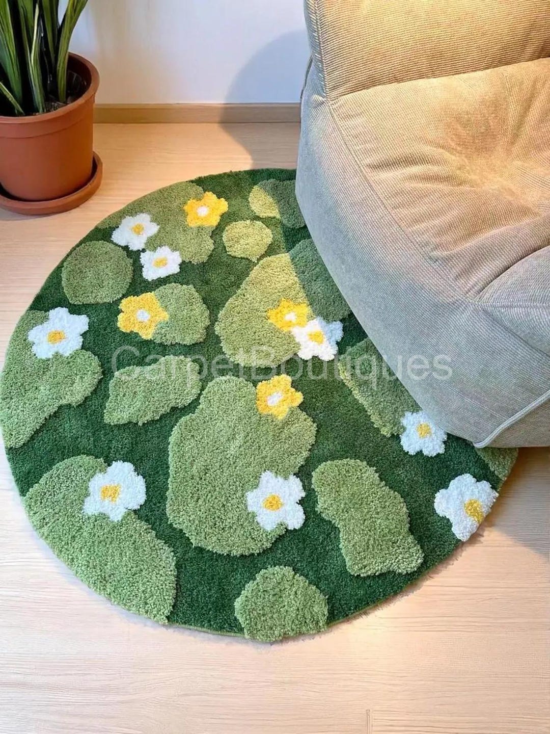 Hand-tufted Round Rug: Green Moss & Flower Design - Etsy