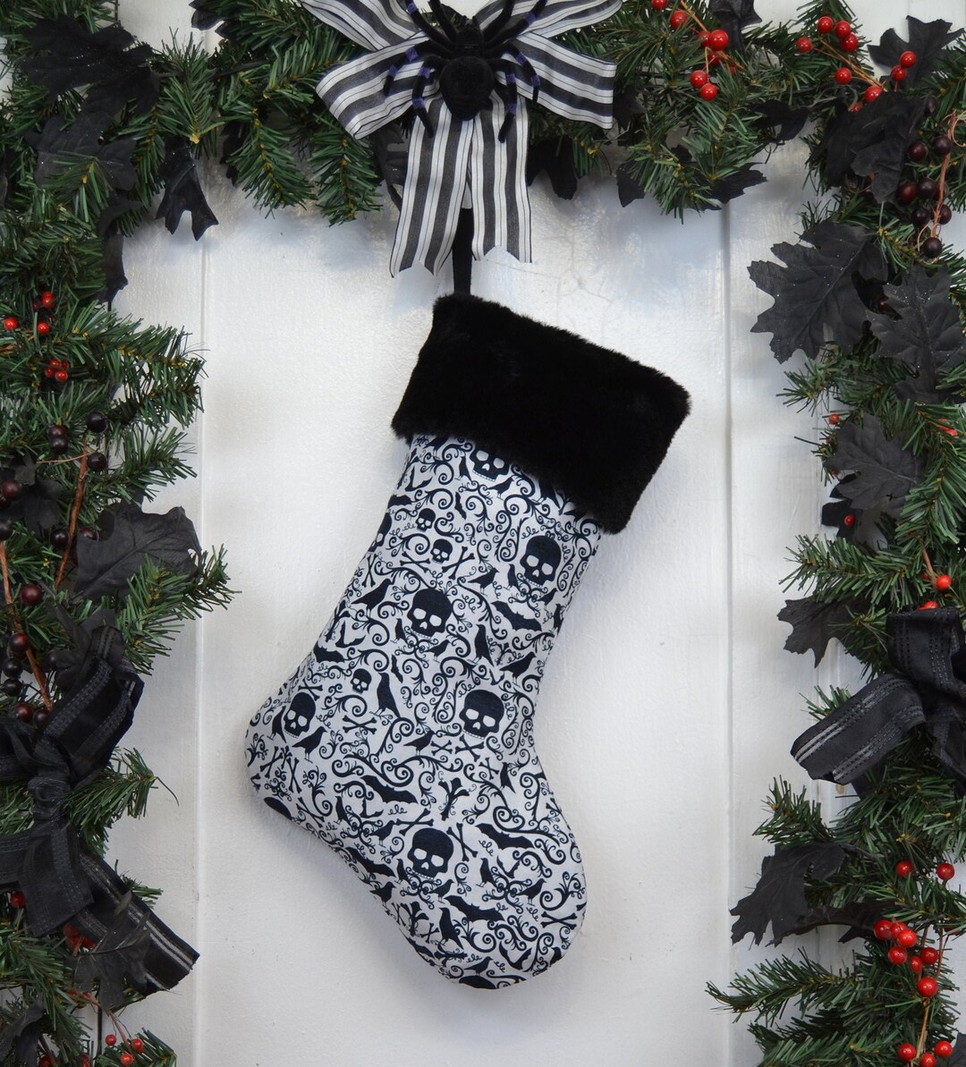 Gothic Skulls and Bats Christmas Stocking, Goth Punk Rock, Halloween ...