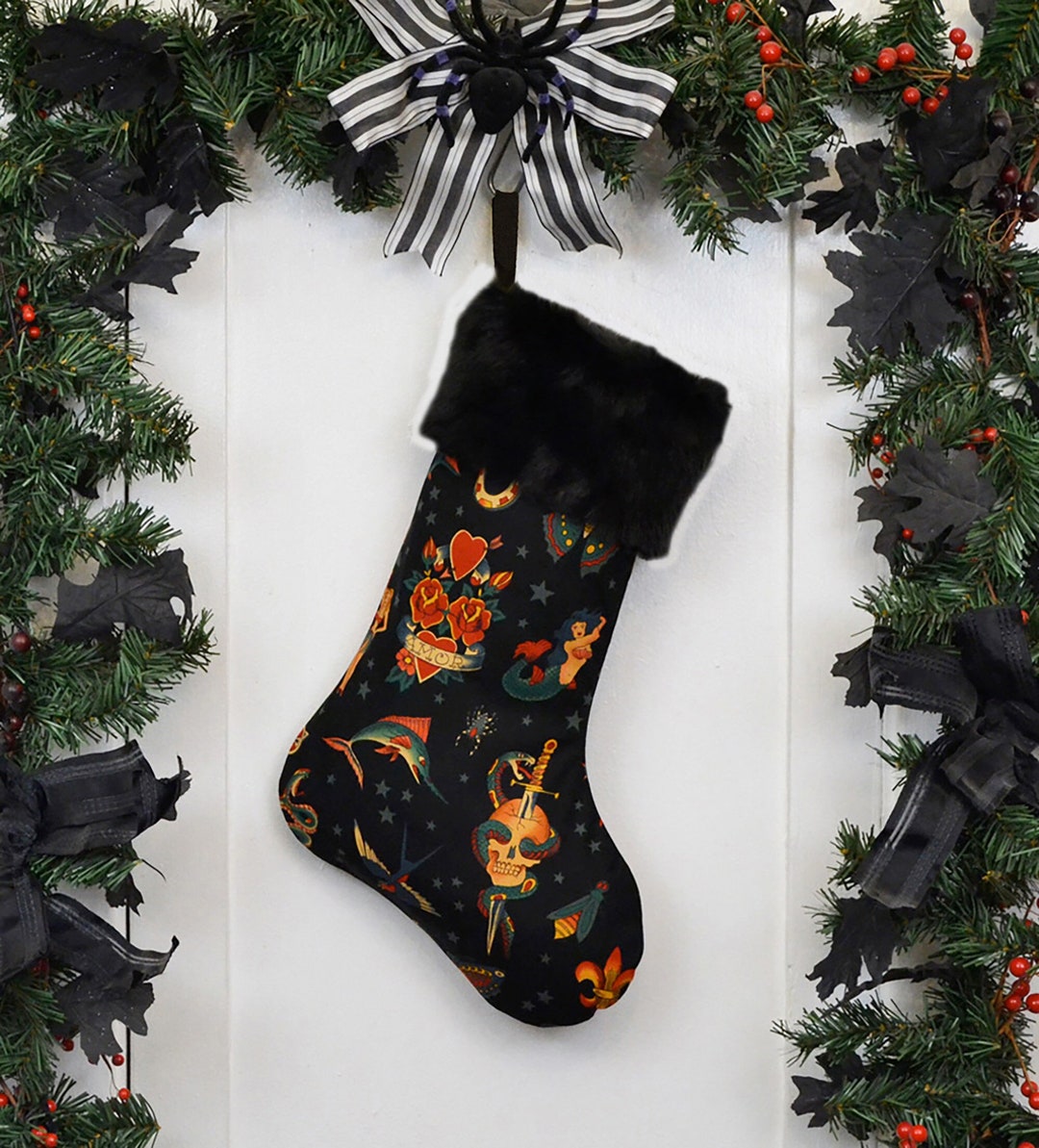 Rockabilly Punk Christmas Stocking Classic Tattoo Black, Black Faux Fur ...