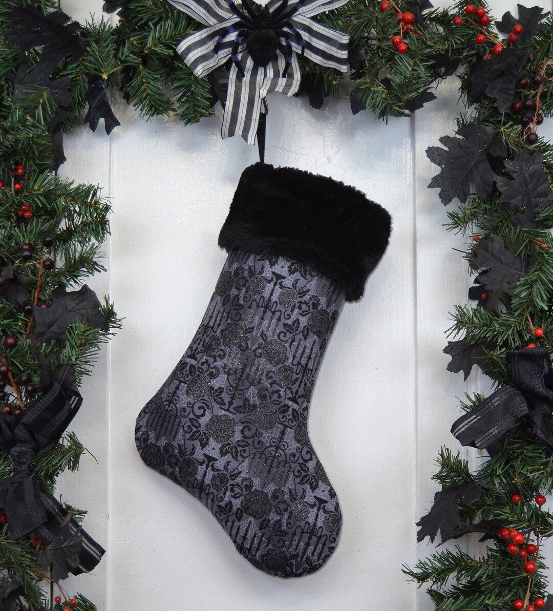 Handmade Gothic Christmas Stocking, Black and Gray, Roses Candelabra ...
