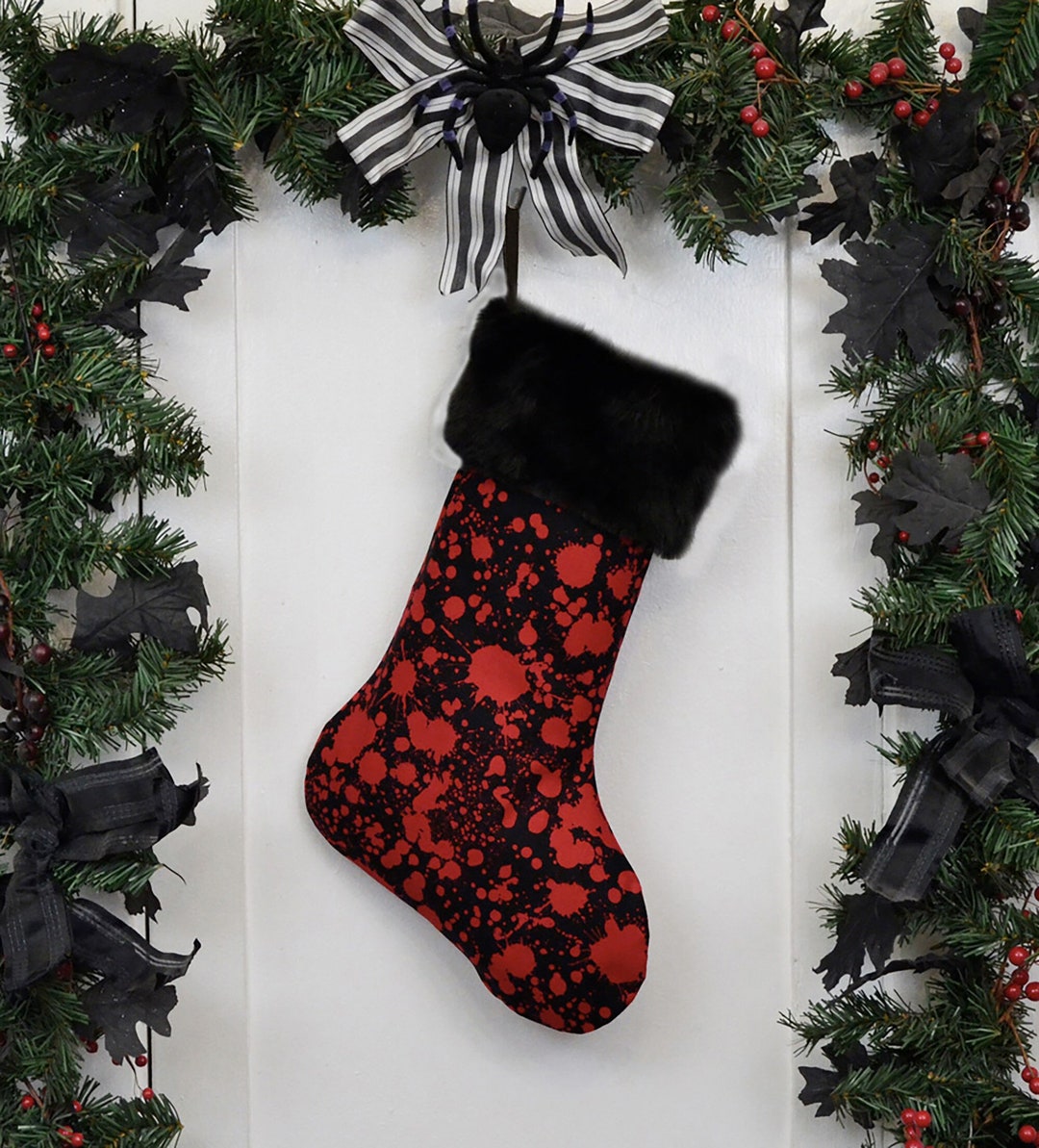 Handmade Blood Splatter Horror Christmas Stocking, Black Faux Fur Cuff ...