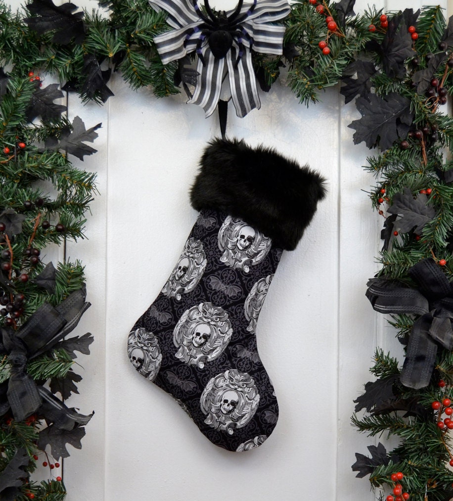 Gothic Skull Damask Christmas Stocking, Black and White, Bats Damask ...