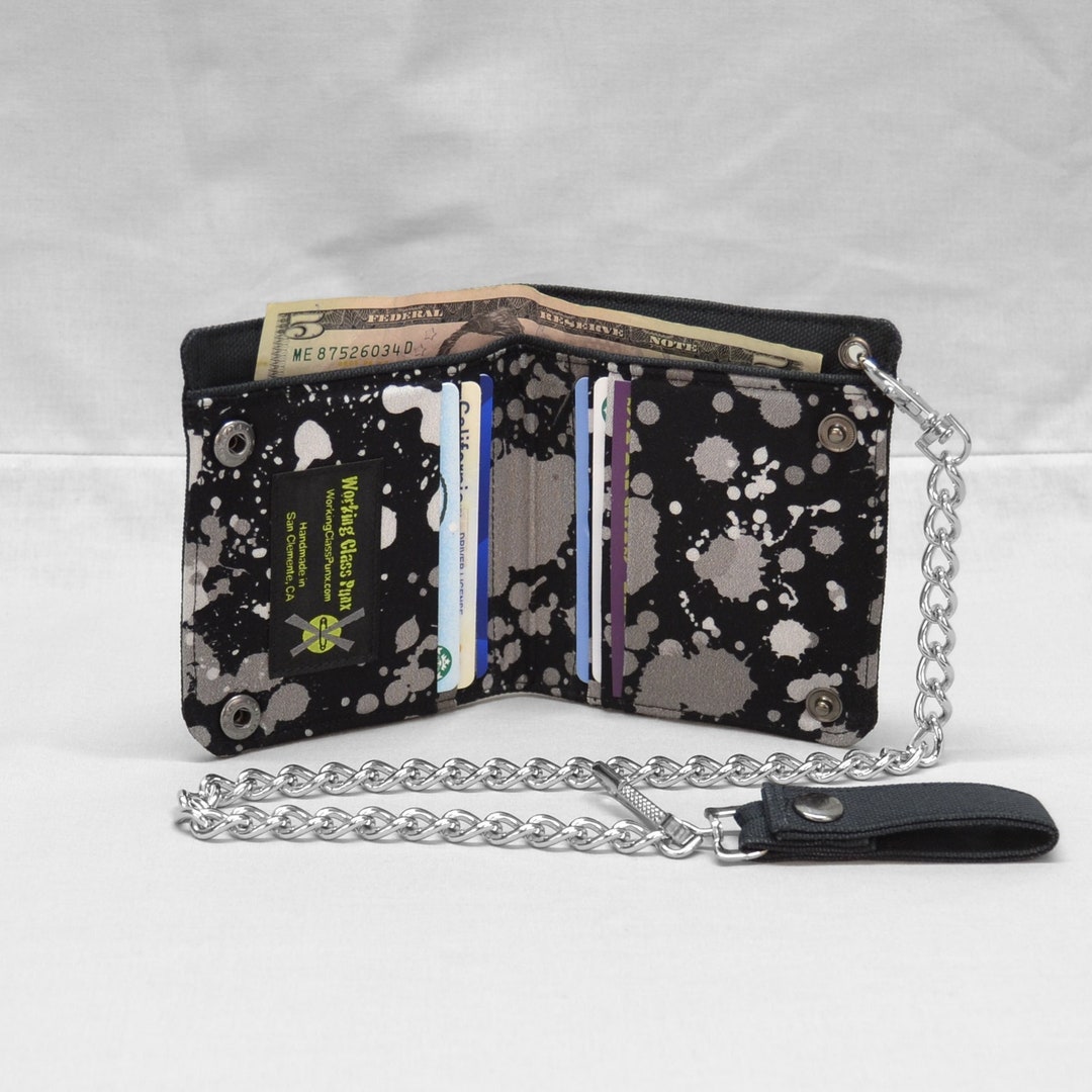 Vegan Chain Wallet, Black and Gray Splatter, Fabric Pockets, Black ...