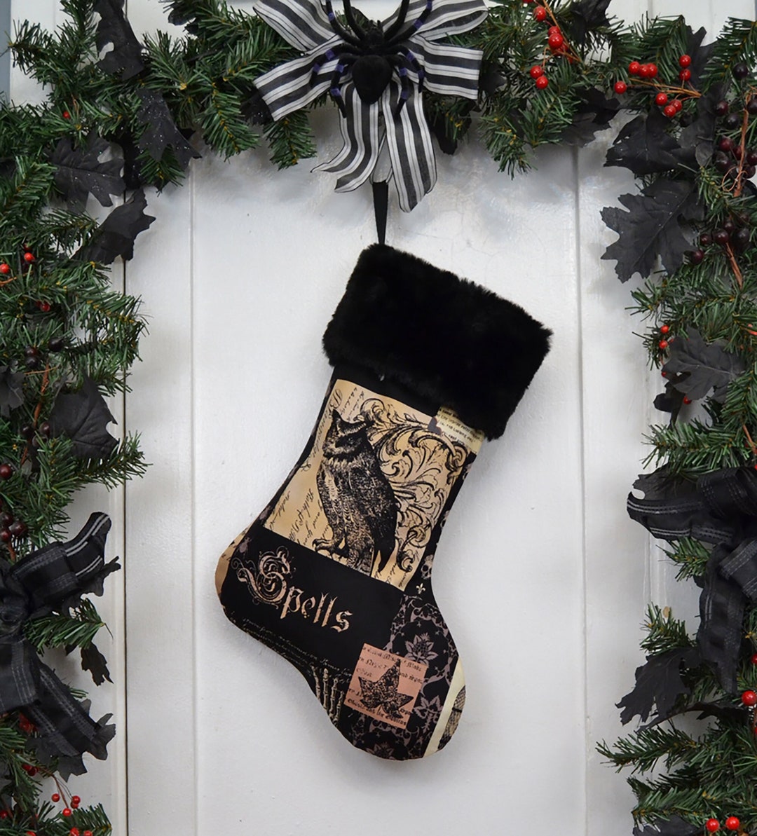 Handmade Gothic Owl Christmas Stocking, Black Faux Fur, Dark Academia ...