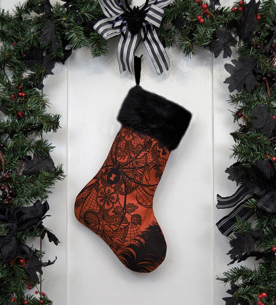 Handmade Gothic Christmas Stocking, Black Widow Skull Print, Faux Fur ...