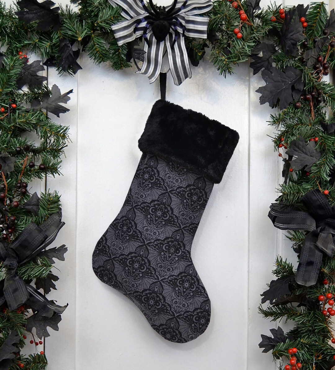 Handmade Gothic Christmas Stocking, Moth Bats, Black Damask, Faux Fur ...