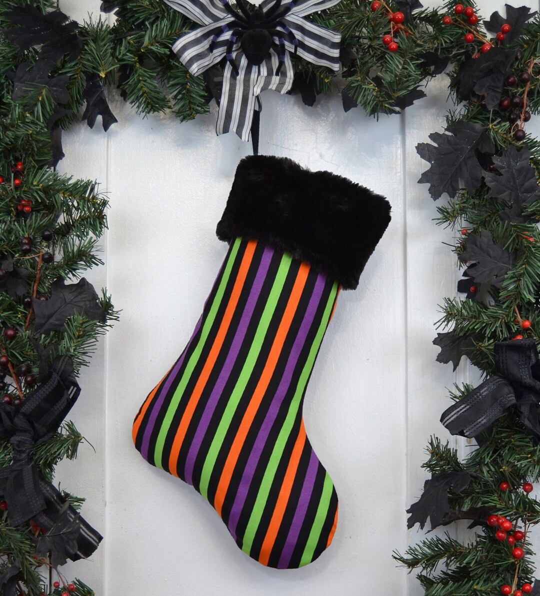 Halloween Stripe Christmas Stocking, Orange Purple Green Stripe, Cute ...