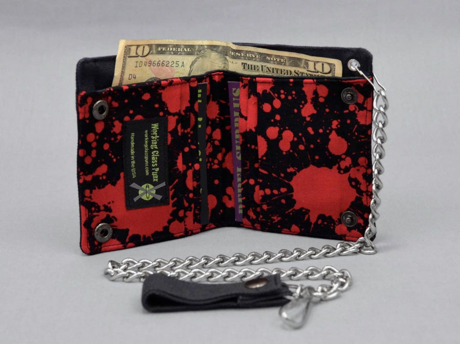 Vegan Chain Wallet Blood Splatter, Horror Wallet, Black Canvas, Goth ...
