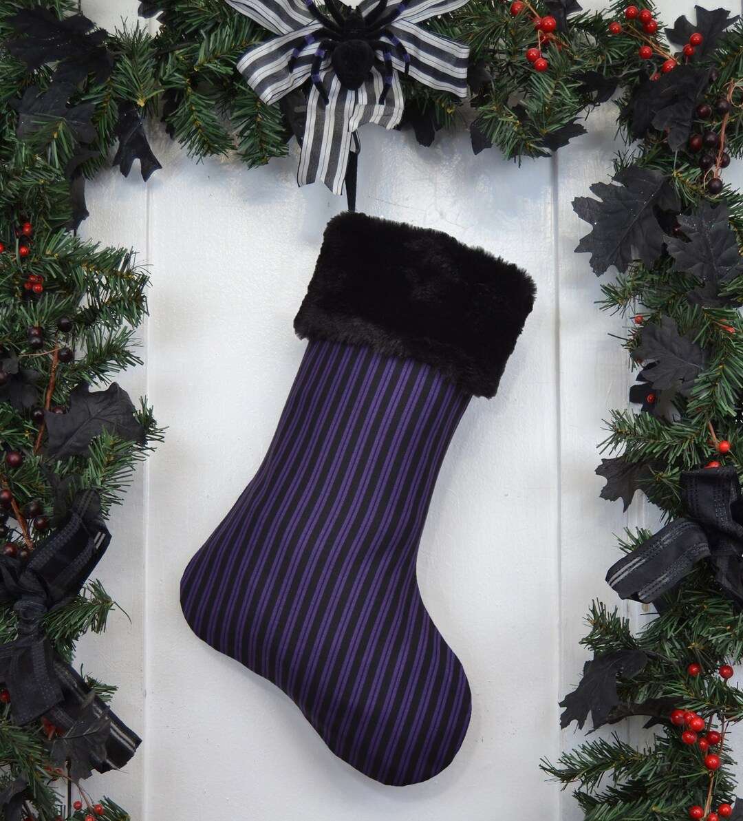 Handmade Goth Christmas Stocking, Purple Black Stripe, Faux Fur Cuff - Etsy