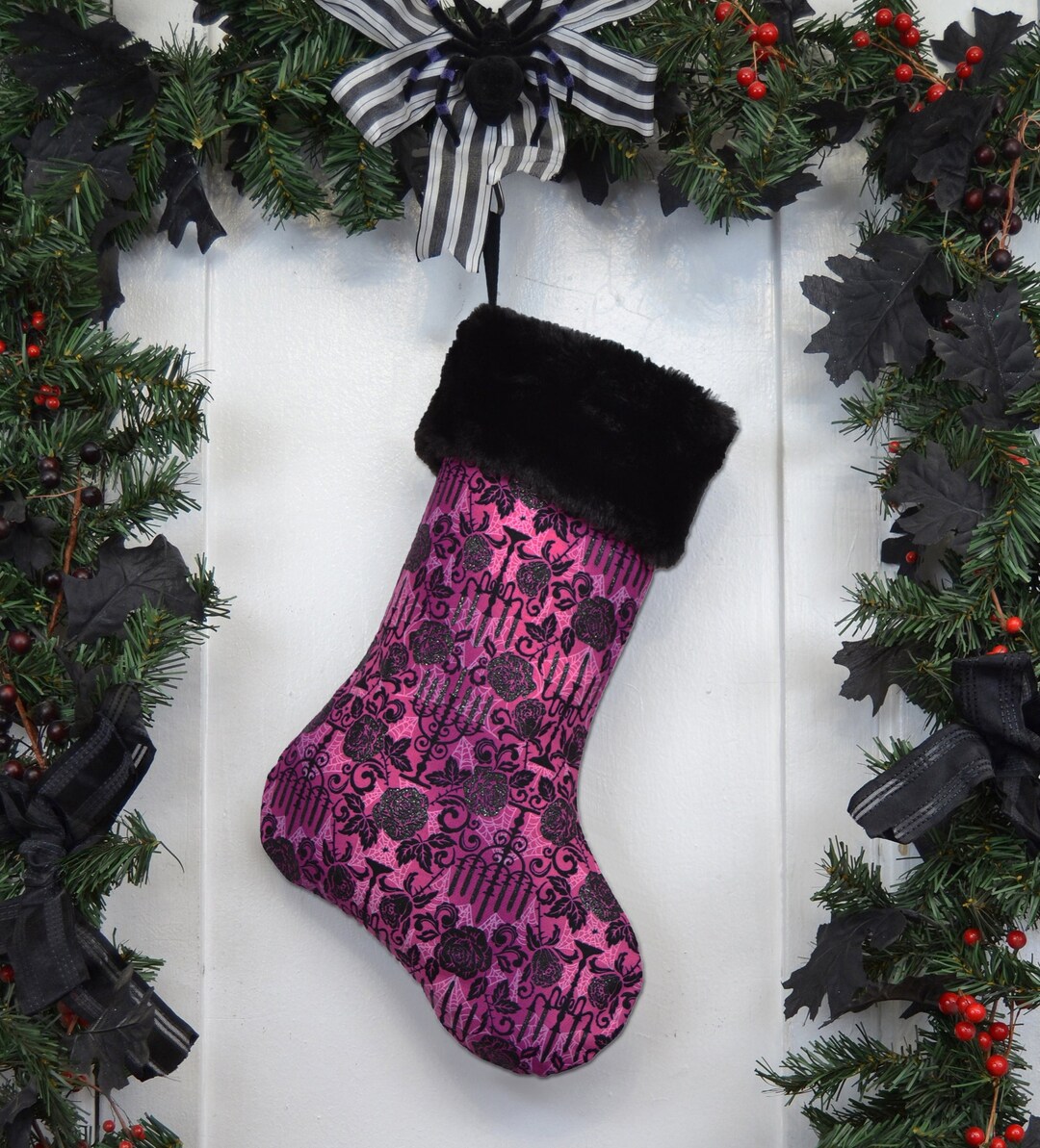 Gothic Christmas Stocking, Candelabra, Black Roses, Purple Fuchsia ...