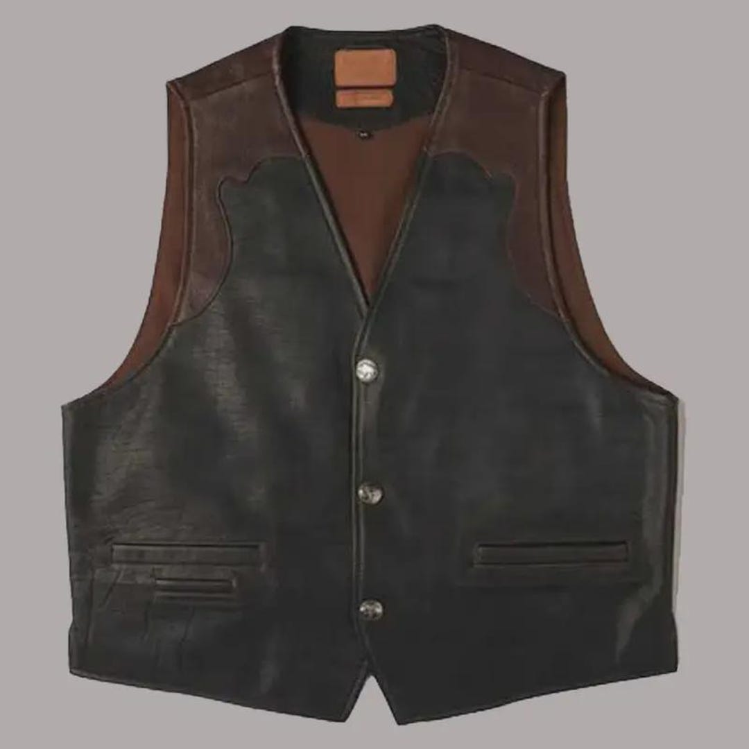 Men’s Western Black Leather Vest – Two-tone Cowboy Button Vest With Red ...