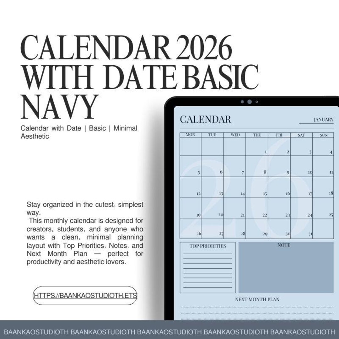 Calendar2026 With Date | Basic Navy | Minimal Calendar | PDF Download ...