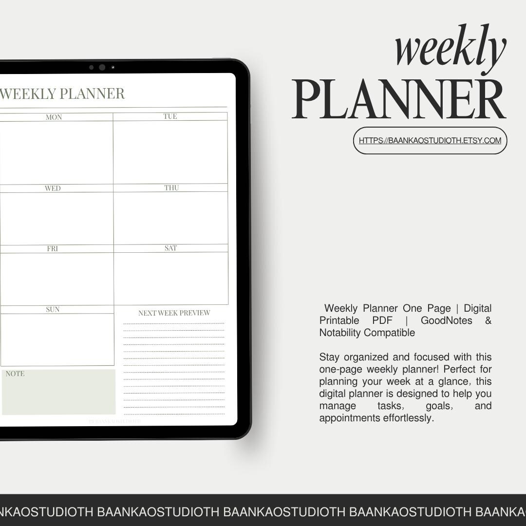 Weekly Planner Basic Green One Page | Digital Printable PDF | Goodnotes ...