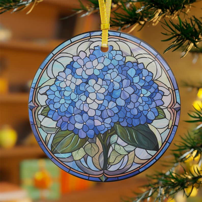 Hydrangea Stained Glass Ornament, Blue Hydrangea Stained Glass Ornament ...