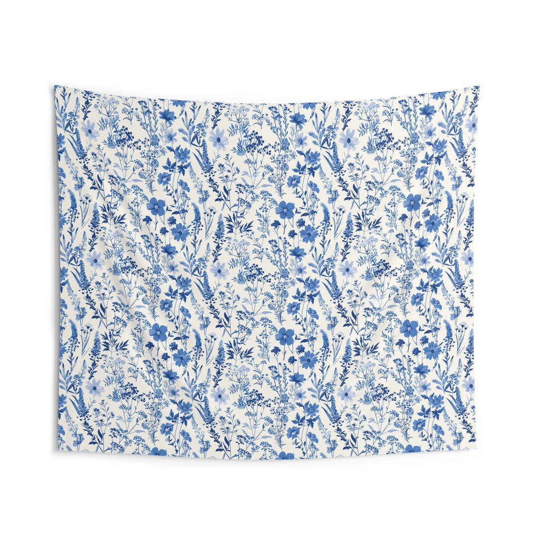 Blue Floral Tapestry, Hanging Wall Tapestry, Blue Wildflowers Tapestry ...
