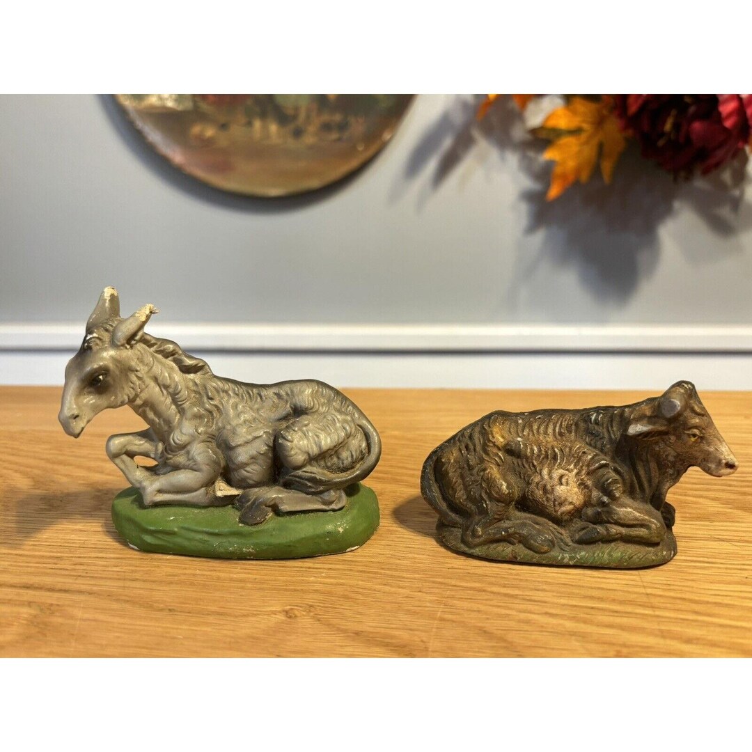 Vtg Nativity Animal Lot Cow Ox & Donkey Mule Italy Laying Down Resting ...