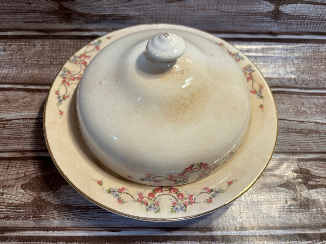 Farmhouse Vintage Stained Rustic Round Butter Dish W/ Cover and Insert ...