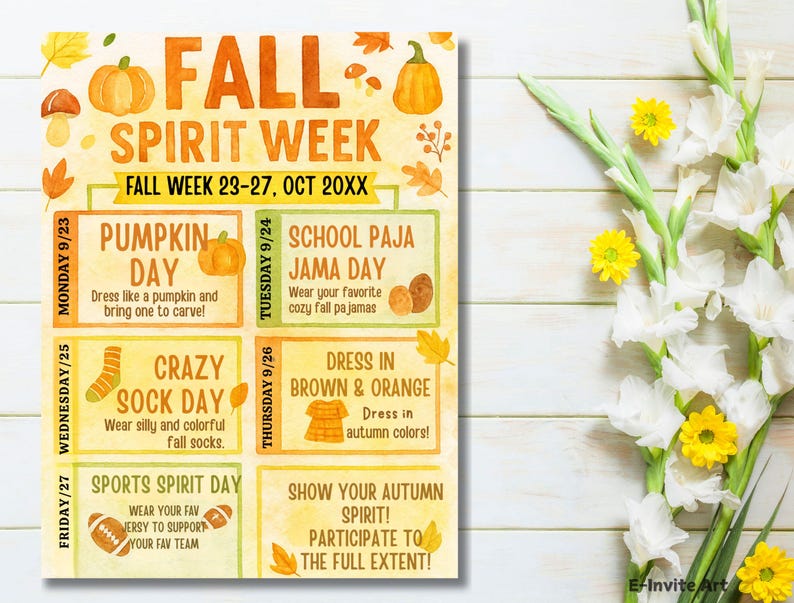 Editable Fall Spirit Week Itinerary, School Calendar (CANVA Template ...