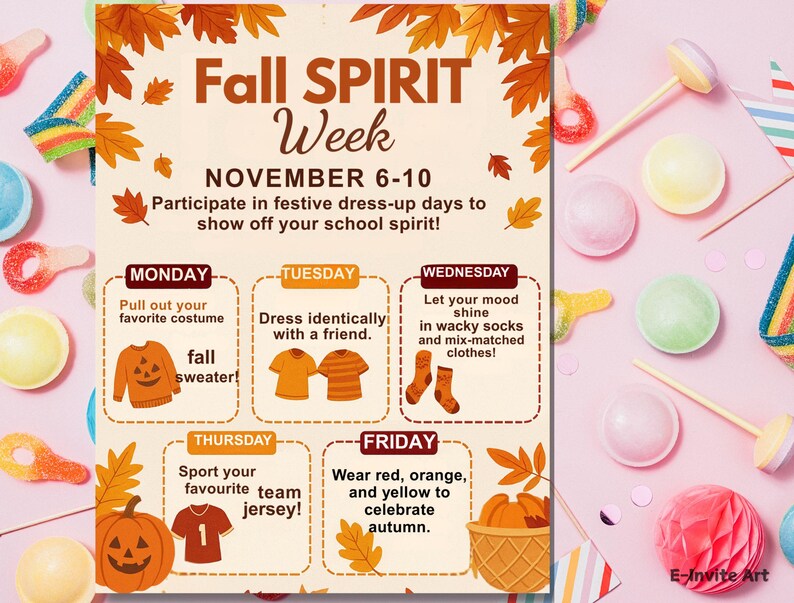 Editable Fall Spirit Week Flyer: School Events Schedule (canva Template ...