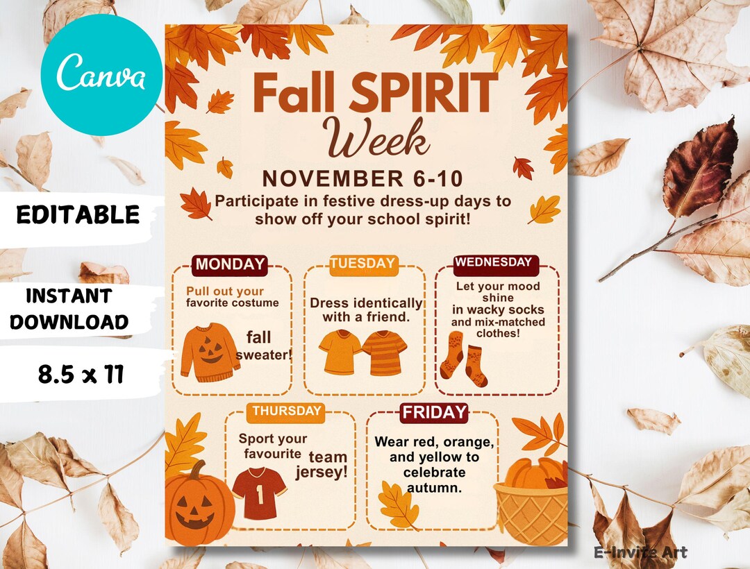 Editable Fall Spirit Week Flyer: School Events Schedule (canva Template ...