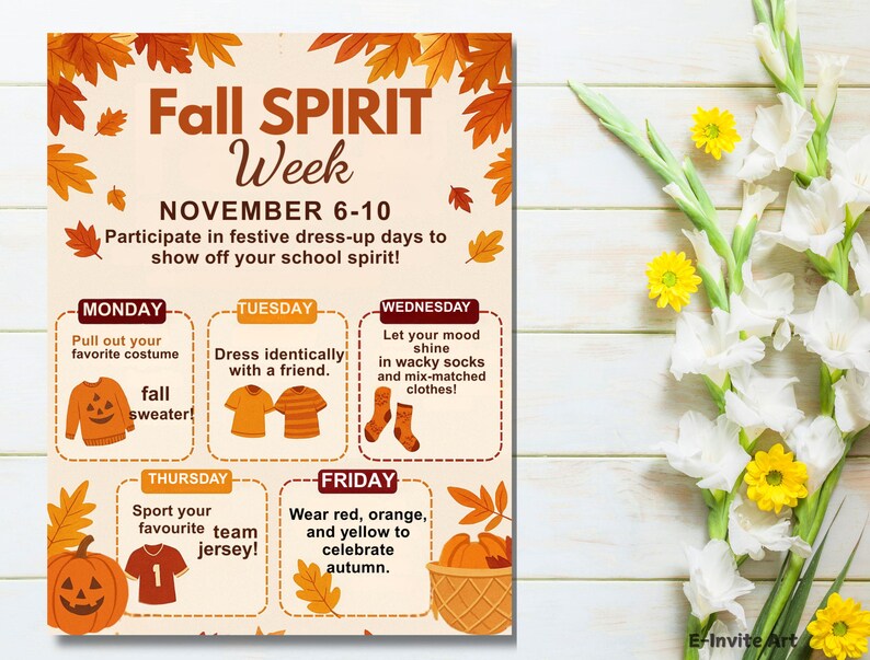 Editable Fall Spirit Week Flyer: School Events Schedule (canva Template ...