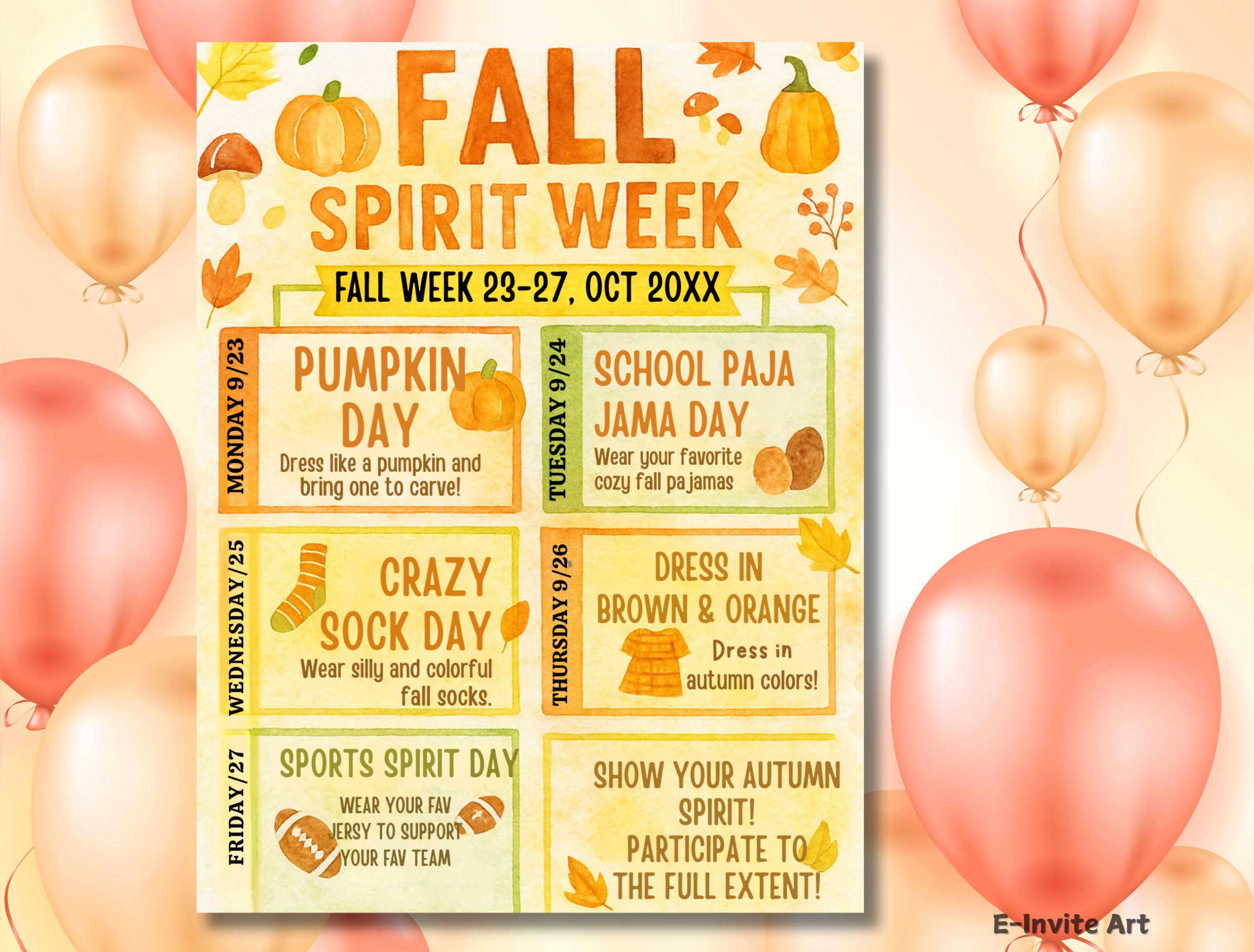 Editable Fall Spirit Week Itinerary, School Calendar (CANVA Template ...