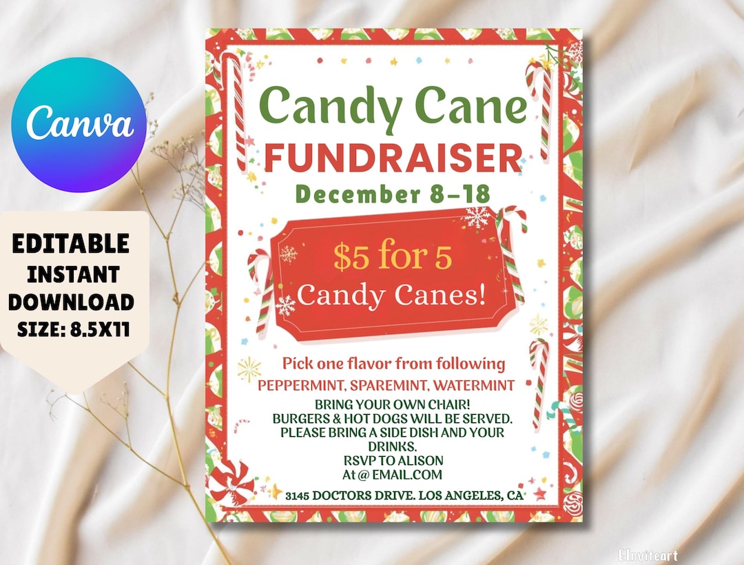 Editable Christmas Candy Cane Fundraiser Flyer, Church Event Invite ...