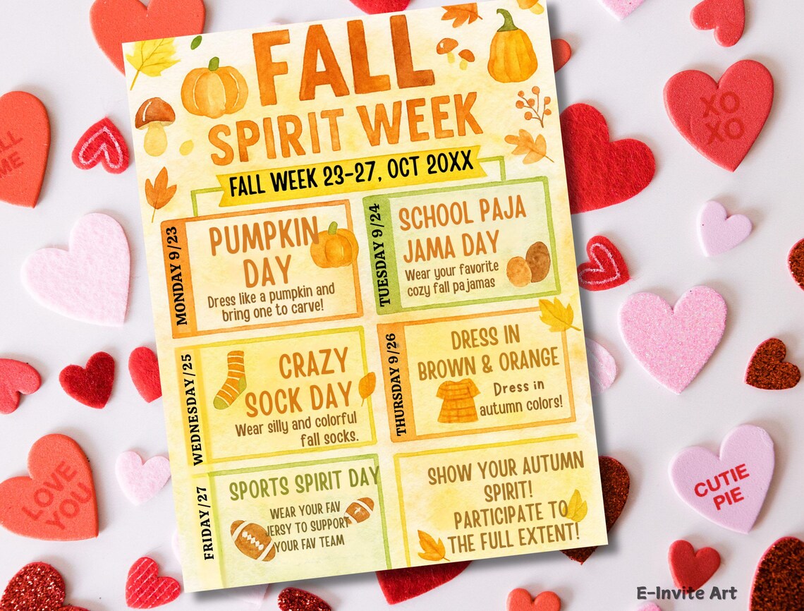Editable Fall Spirit Week Itinerary, School Calendar (CANVA Template ...