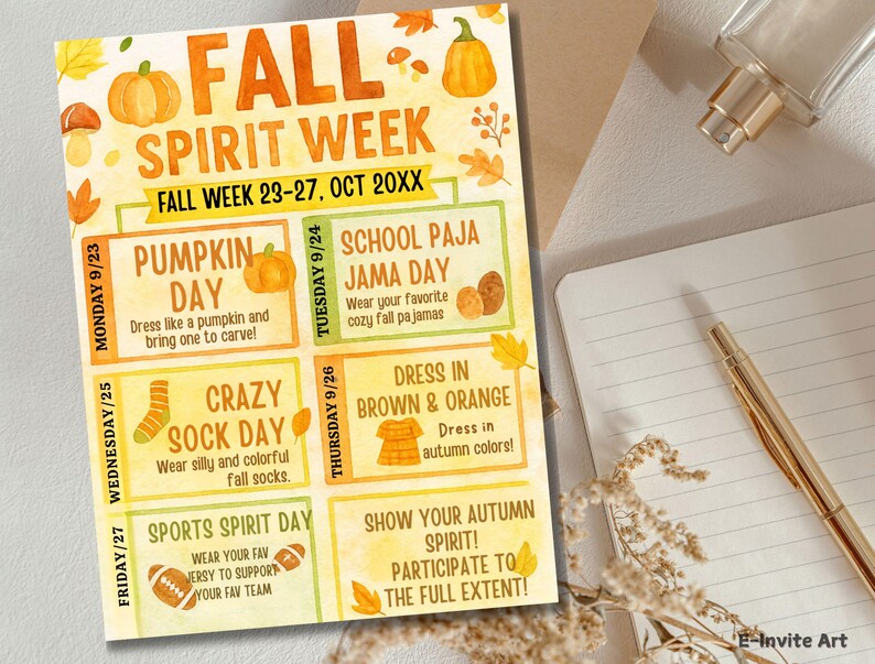 Editable Fall Spirit Week Itinerary, School Calendar (CANVA Template ...