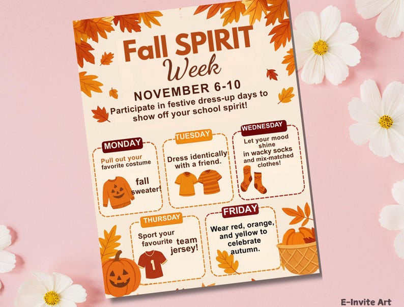 Editable Fall Spirit Week Flyer: School Events Schedule (canva Template ...