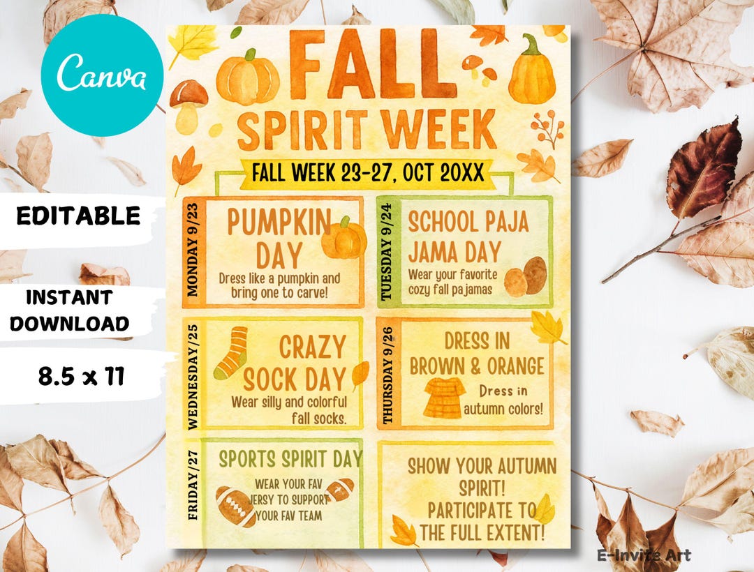 Editable Fall Spirit Week Itinerary, School Calendar (CANVA Template ...