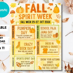 Editable Fall Spirit Week Itinerary, School Calendar (CANVA Template ...