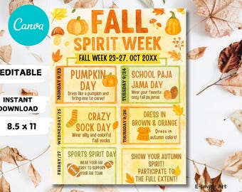 Fall Spirit Week Itinerary: Editable School Calendar (CANVA Template ...