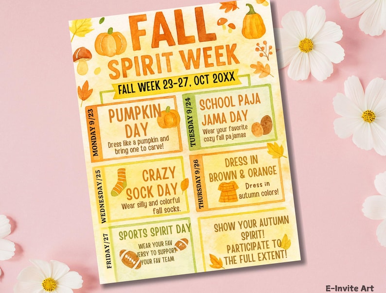 Editable Fall School Spirit Week Itinerary Schedule, Daily Weekly ...