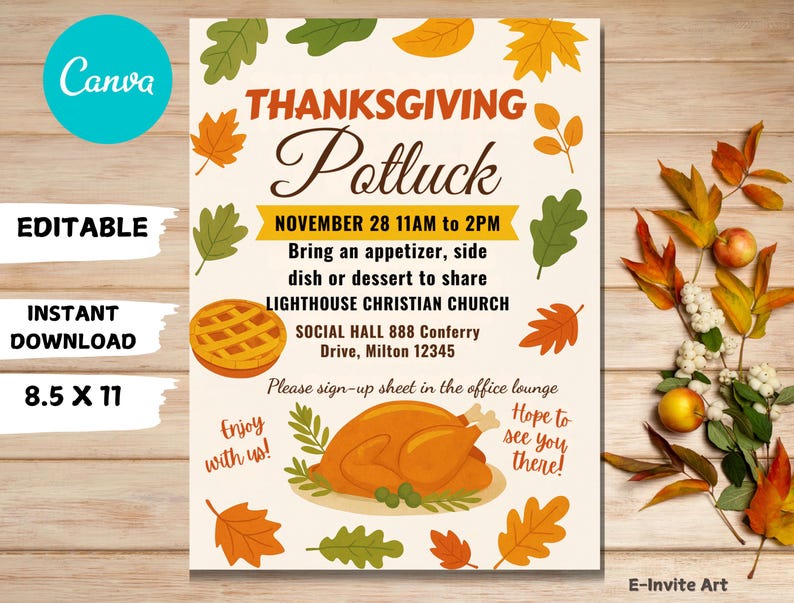 Thanksgiving Potluck Flyer: Editable Invitation Template (digital ...